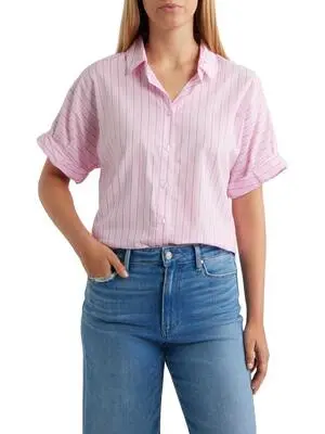 BEACHLUNCHLOUNGE Chase Striped Cotton & Modal Button-up Shirt - Cherry Bloom
