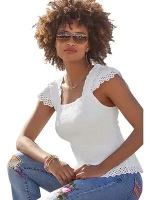 JOE BROWNS Eyelet Trim Peplum Tank Top - White