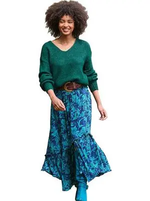 JOE BROWNS Crinkle Ruffle Maxi Skirt With Floral Print - Indigo Bloom