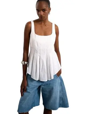 Topshop Pleated Linen Blend Square Neck Top - Ivory