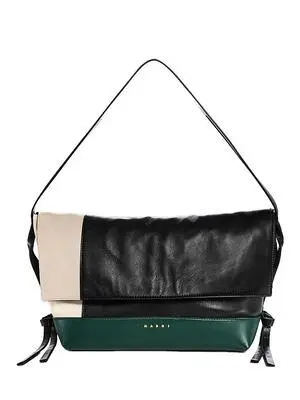 Marni Color-blocked Leather Shoulder Bag - White/black/dark Petrol