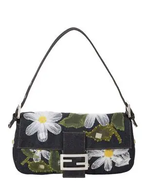 FENDI Fendi Embroidered Floral Appliqué Denim Baguette