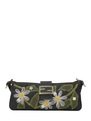 Fendi Fendi Denim Floral Appliqué Shoulder Bag Navy