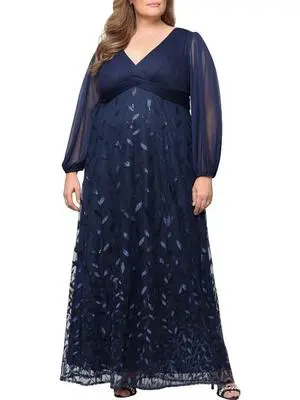Alex Evenings Embroidered Long Sleeve A-line Gown - Navy