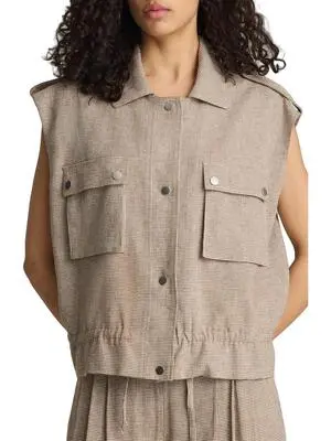 KENNETH COLE Puppytooth Check Linen Blend Short Sleeve Jacket - Brunette/pure White