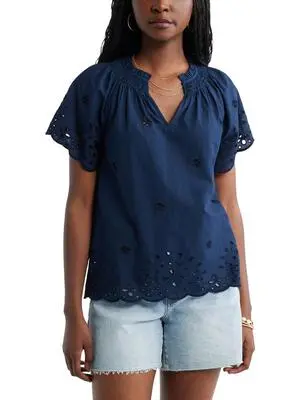 Caslon Eyelet Ruffle Trim Cotton Top With Scalloped Edges - Navy Still