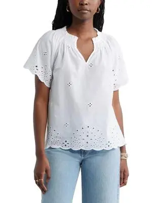 Caslon Eyelet Ruffle Trim Cotton Top With Scalloped Edges - White