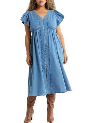 TREASURE & BOND Treasure & Bond Flutter Sleeve Chambray Midi Dress