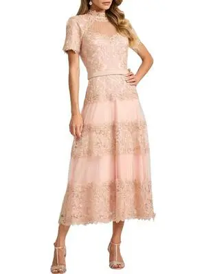 Tadashi Shoji Lace And Mesh Midi Cocktail Dress - Petal/gold