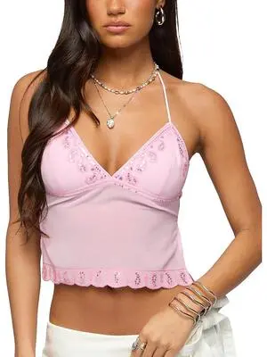 EDIKTED Allise Backless Sequin Halter Top - Pink