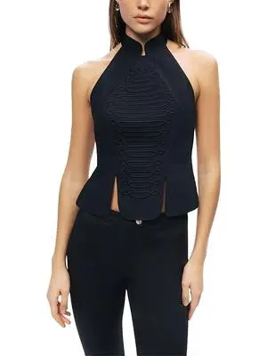 NOCTURNE Halter Neck Mandarin Collar Peplum Top - Black