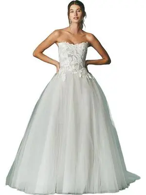 Jenny Yoo Strapless Ball Gown With Floral Appliqués - French Vanilla