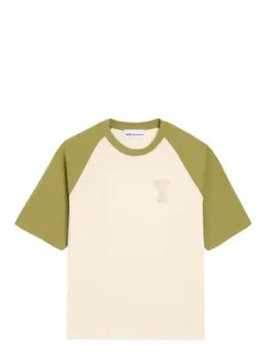 AMI Paris Short Sleeve Boxy Fit T-shirt With Crochet Heart Patch - Blanccreme/matcha