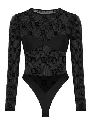 MARINE SERRE Moonogram Mesh Flocked Long Sleeve Bodysuit - Black