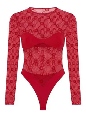 MARINE SERRE Moonogram Mesh Flocked Long Sleeve Bodysuit - Red