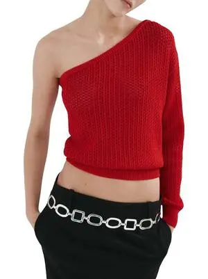 Mango One-shoulder Open Stitch Sweater - Red