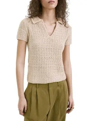 Mango Open Stitch Cotton Blend Polo Sweater - Sand