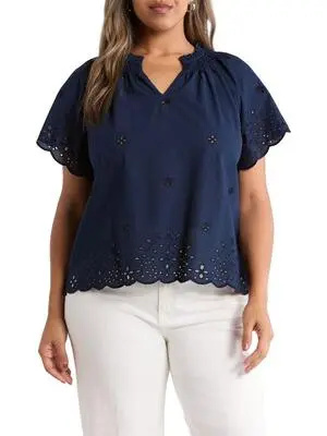 Caslon Cotton Eyelet Top With Scalloped Trim - Navy Still