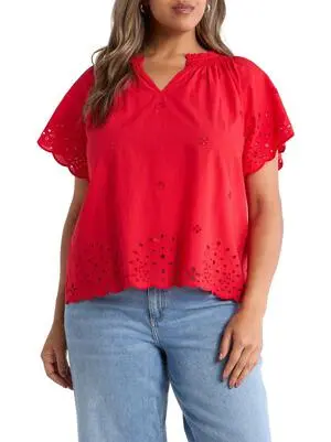 Caslon Cotton Eyelet Top With Scalloped Trim - Red Radish