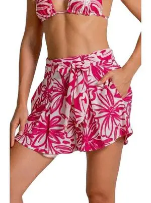 Cosita Linda Belted Floral Print Cover-up Shorts - Raspberry