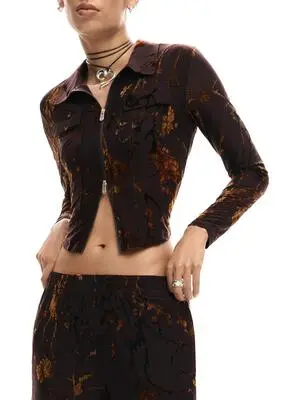 DESIGUAL Desigual Textured Floral Zip Front Long Sleeve Shirt