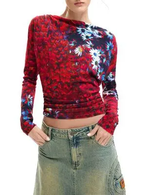 Desigual Floral Print Ruched Top - Orange Red
