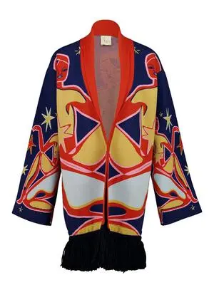 PAULA Toadstool Soulprint Jacquard Cardigan With Fringes - Blue