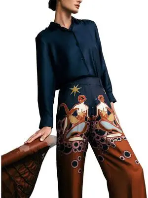 PAULA Paula's Ibiza Sonia Soulprint Printed Silk Twill Wide Leg Trousers Orange