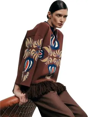 PAULA Jade Jacquard Sweater With Fringe - Brown
