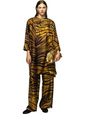 PAULA S Isla Tiger Stripe Printed Silk Twill Button-up Dress - Orange