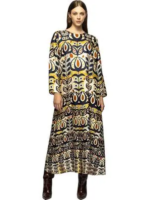PAULA Paula Gray Wonderland Printed Silk Twill A-Line Maxi Dress Blue