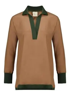 PAULA Diane Timberwolf Silk V-neck Long-sleeve Top - Brown