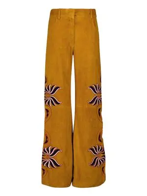 PAULA Paula Alice Wide-Leg Suede Pants With Floral Embroidery Brown