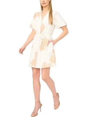 HALOGEN Halogen (R) Neutral Floral Print Linen Blend Shirtdress