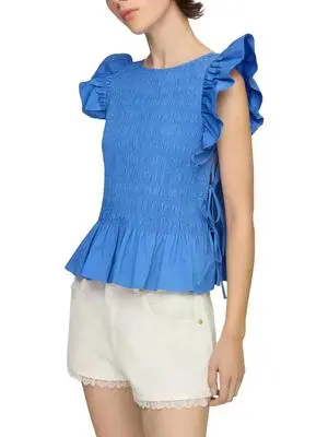 GANNI Smocked Ruffled Sleeve Blouse - Blue