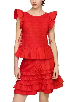 GANNI Smocked Ruffled Sleeve Blouse - Blue