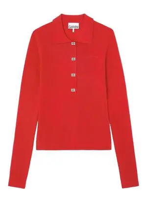 GANNI Logo Button Long Sleeve Polo Shirt - Red