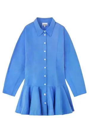 GANNI Cotton Shirt Dress With Ruffled Hem - Blue