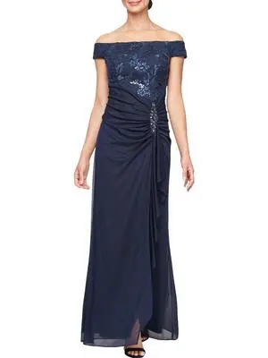 Alex Evenings Off-the-shoulder Embroidered Lace Gown - Navy
