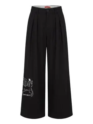 KING NAKED Wide-leg Trousers With Metallic-grey Embroidery - Black