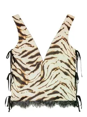 GANNI Tiger-print Lace-trim V-neck Top - Neutrals