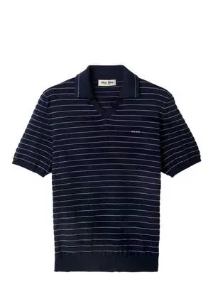 Miu Miu Striped V-neck Polo Shirt With Ribbed Hem - Blue