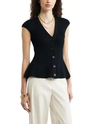 Nordstrom Ribbed Peplum V-neck Top With Cap Sleeves - Black