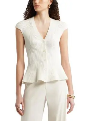 Nordstrom Ribbed Peplum V-neck Top With Cap Sleeves - Ivory Tofu