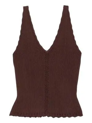 TWINSET Ribbed Scalloped-edge V-neck Top - Brown