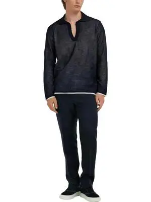 FERRAGAMO Long Sleeve Knitted Silk Polo Shirt - Blue
