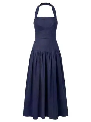 NICHOLAS Vivianne Halter-neck Gathered Midi Dress - Blue