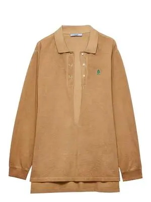 Prada Cotton Piqué Plunge-neck Long Sleeve Polo Shirt - Neutral
