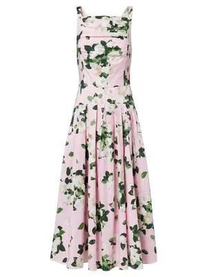 Carolina Herrera Floral Pleated Cotton-blend Midi Dress - Pink
