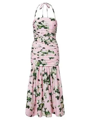 Carolina Herrera Floral Ruched Cotton-blend Midi Dress - Pink